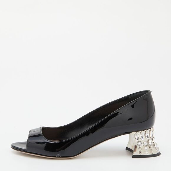 Miu Miu | Shoes | Miu Miu Black Patent Leather Crystal Embellished Block Heel Peep Toe Pumps ...